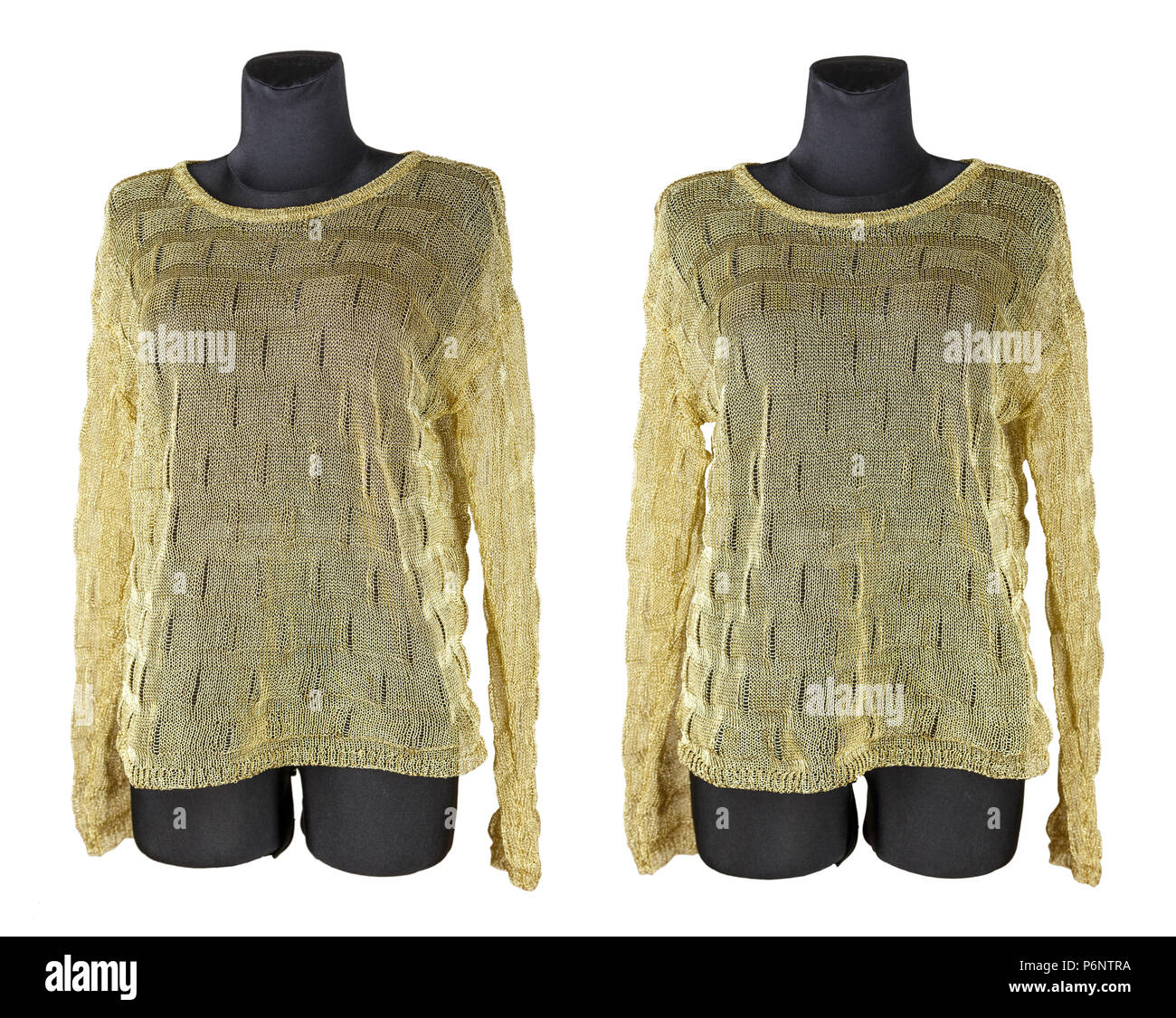 female yellow and gold color sweater on a mannequin, two foreshortening ...