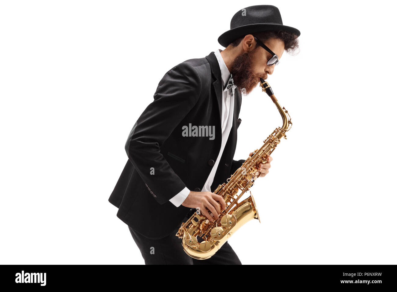 Man playing a saxophone isolated on white background Stock Photo - Alamy