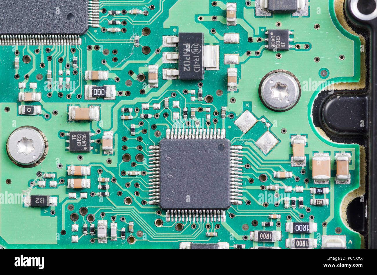 Detail of an electronic printed circuit board with many electrical ...