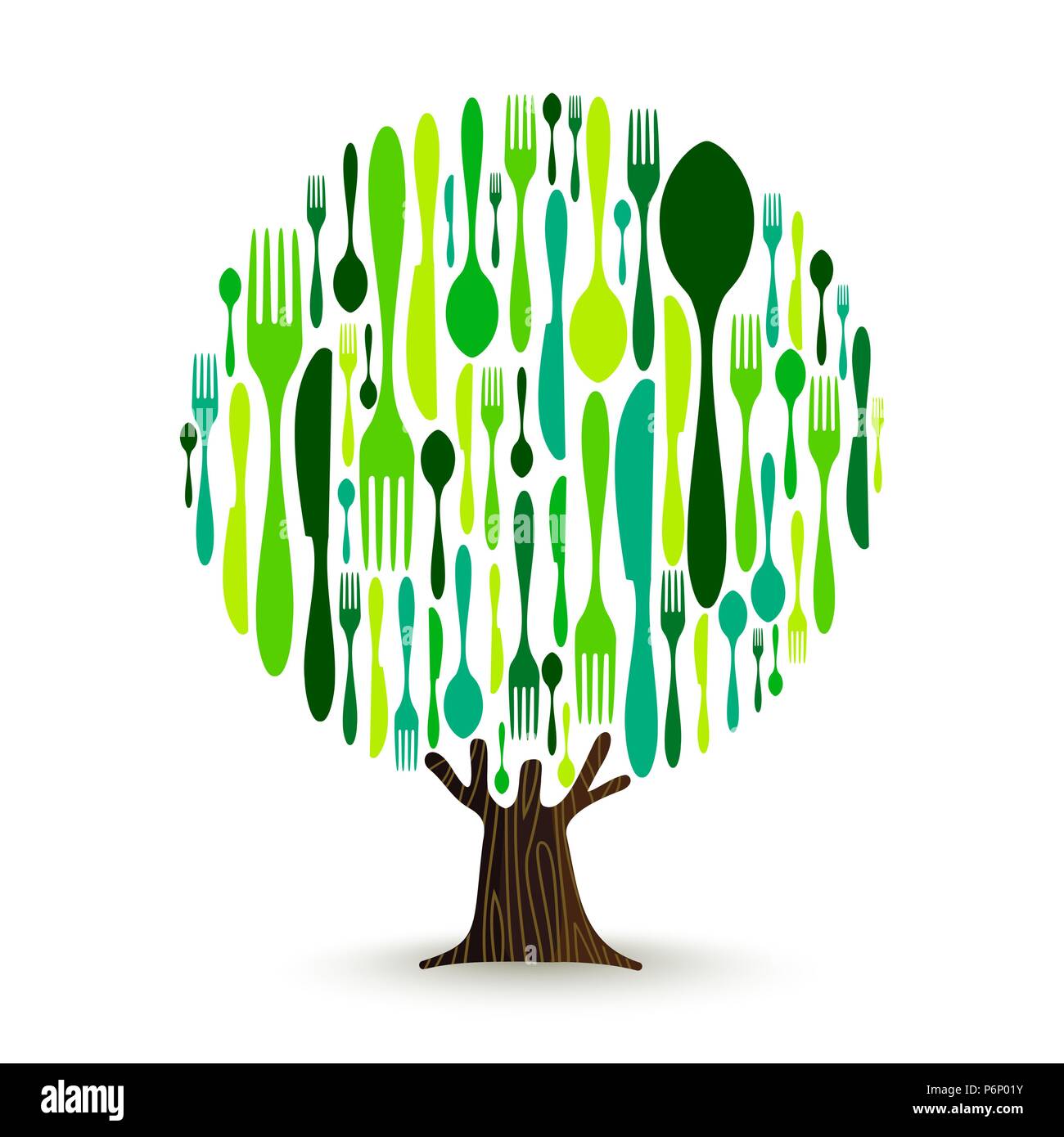 Tree made of restaurant cutlery in green color. Illustration concept ...