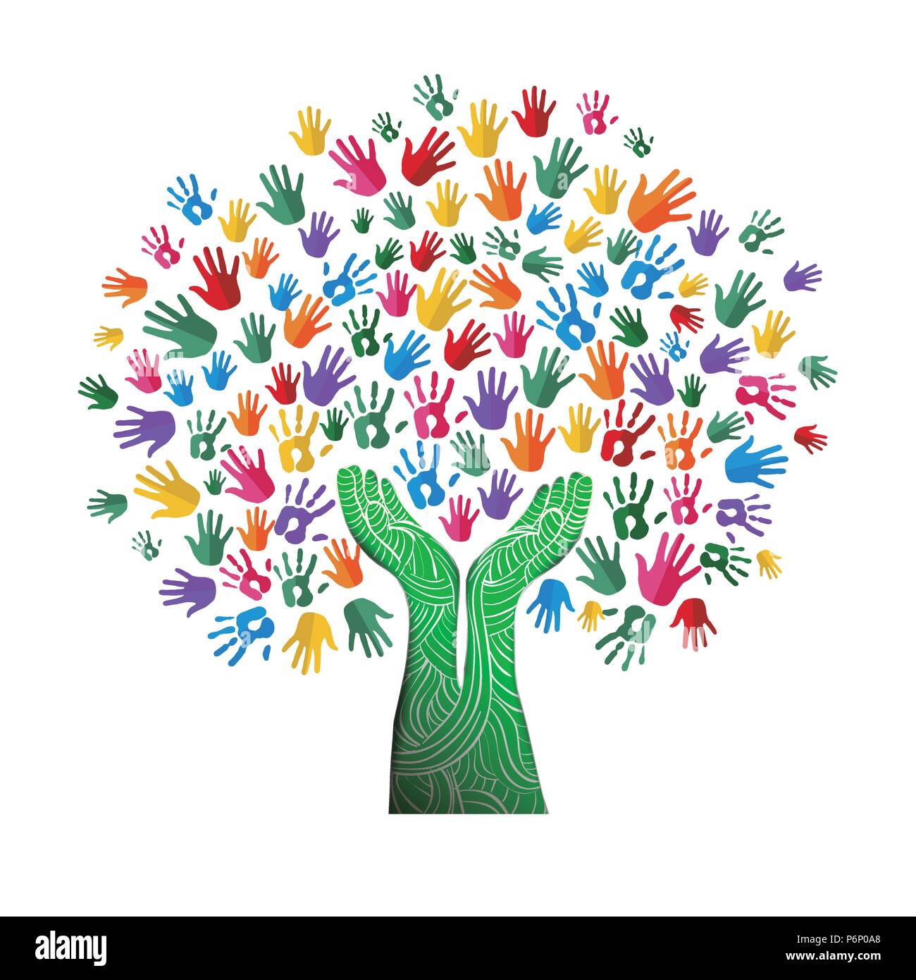 Tree with colorful human hands together in paper cut out style ...