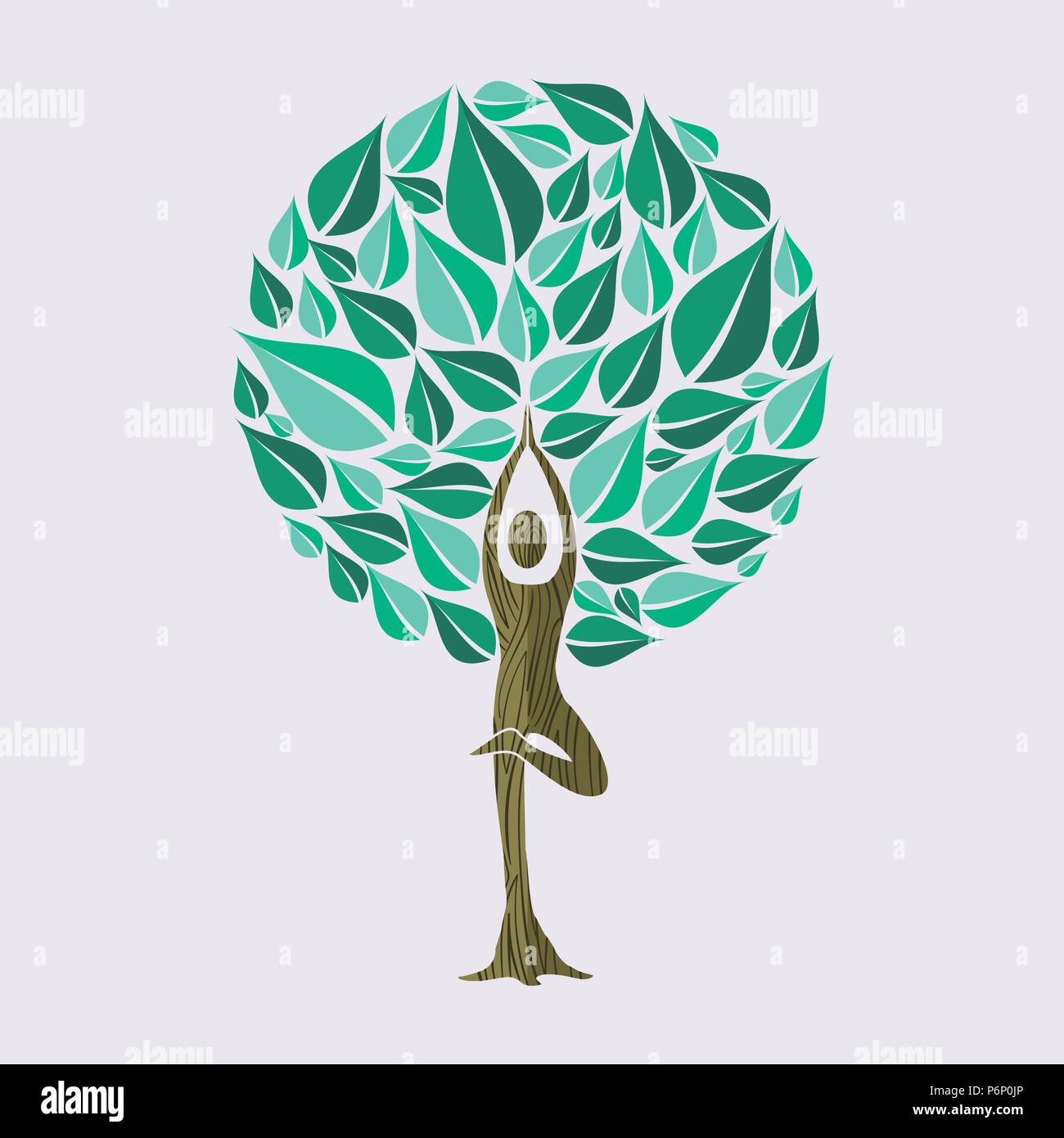 Yoga concept illustration. Woman meditating in tree pose with green ...