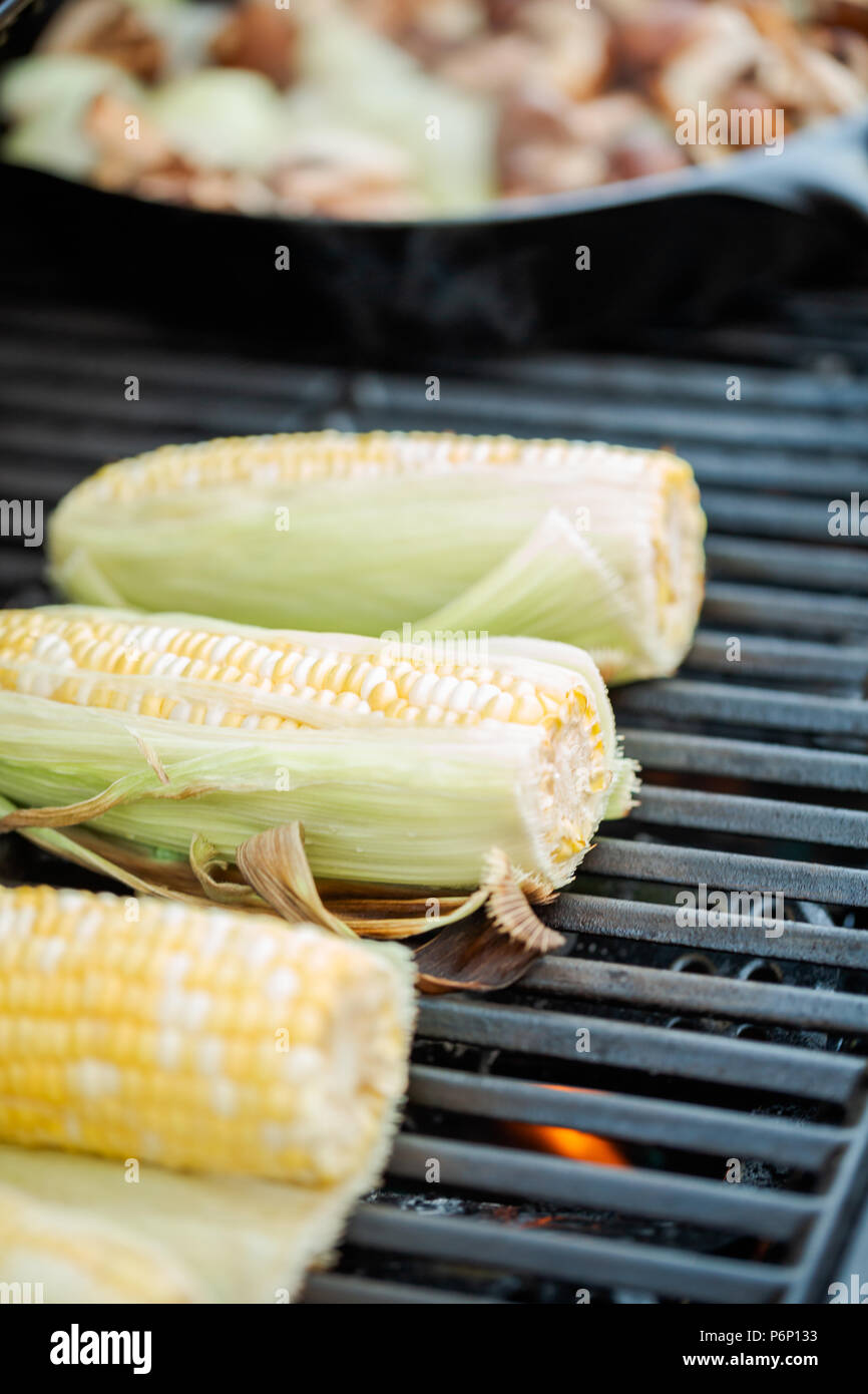 Step by step. Grilling fresh corn on outdoor gas grill Stock Photo - Alamy