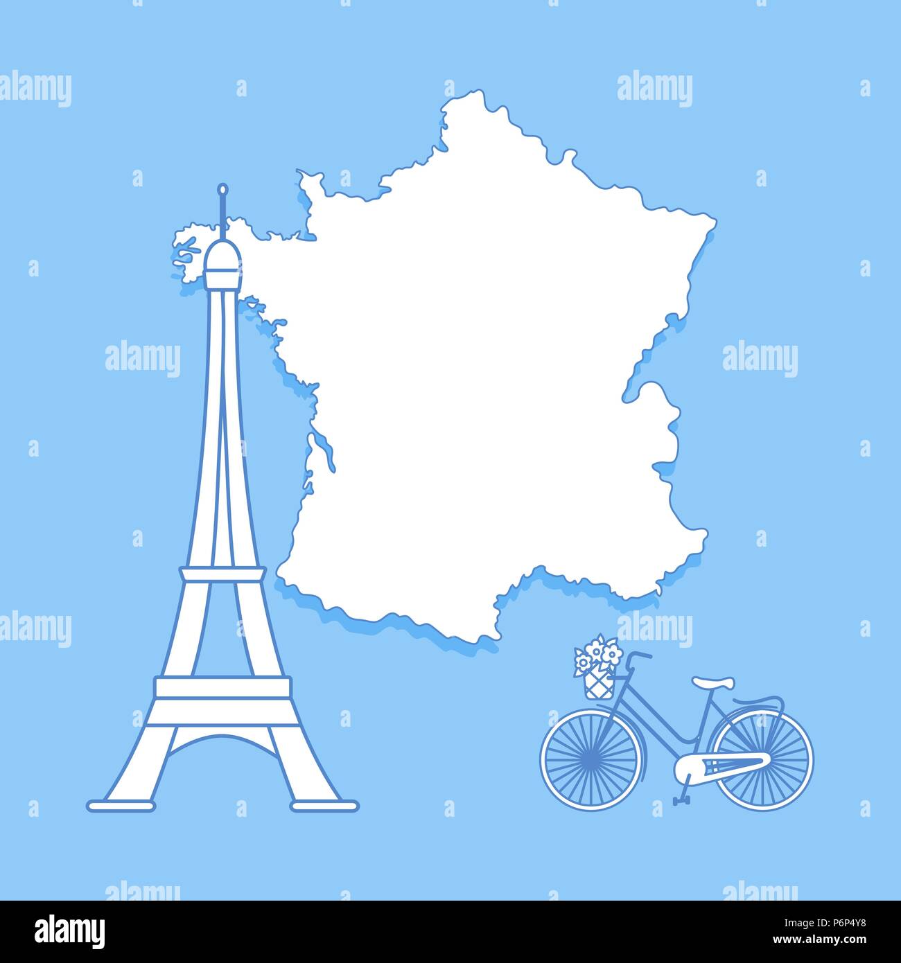 Map of France, famous tower of Paris, bicycle with a basket of flowers ...