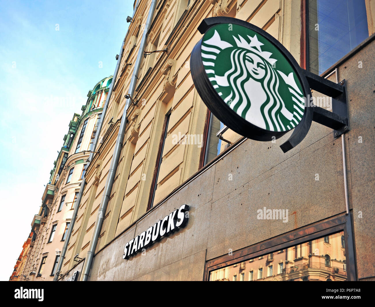 MOSCOW, RUSSIA - MAY 02: Logo of Starbucks coffee shop in Tverskaya ...