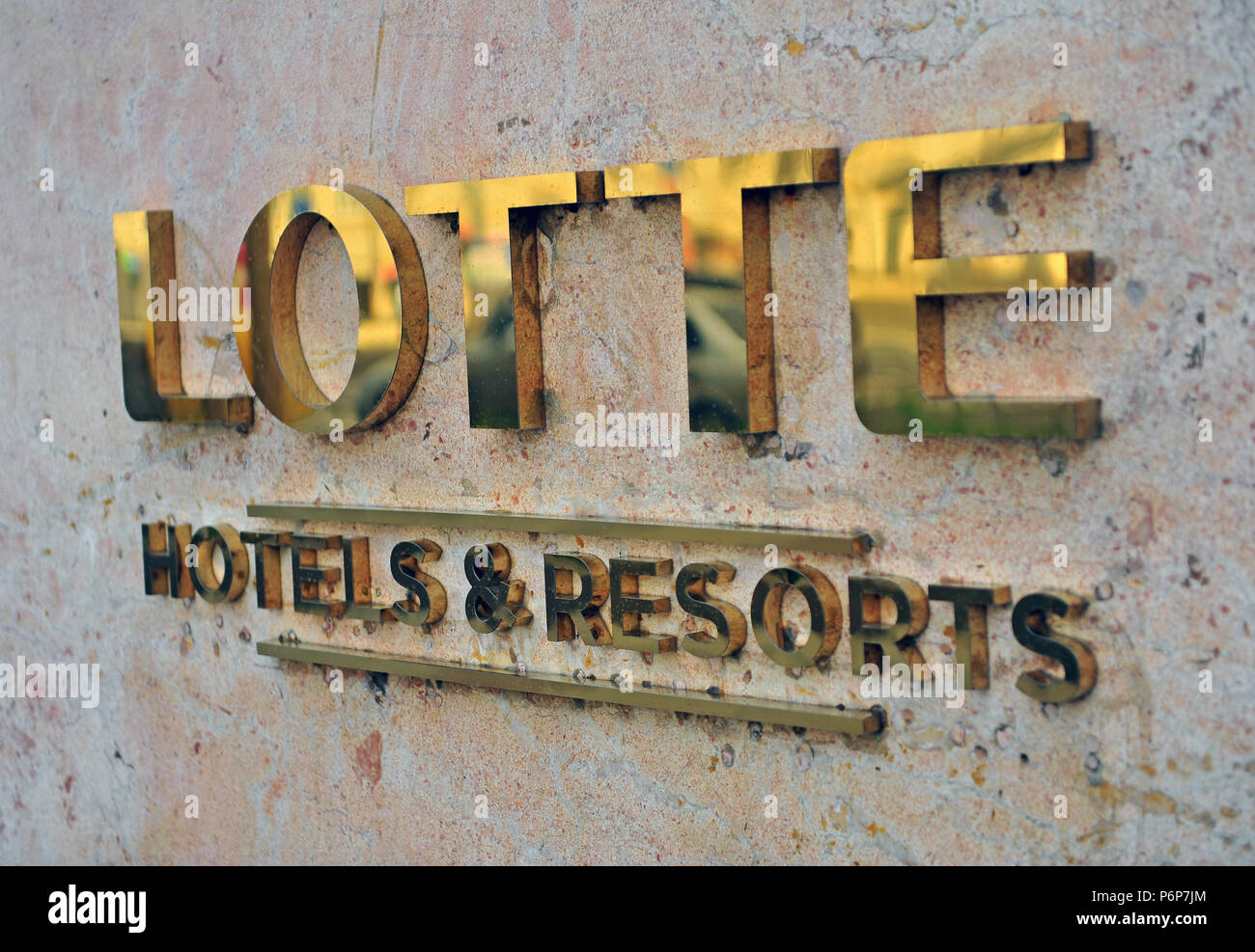 MOSCOW, RUSSIA - MAY 02: Logo of Lotte Hotels and Resorts company ...