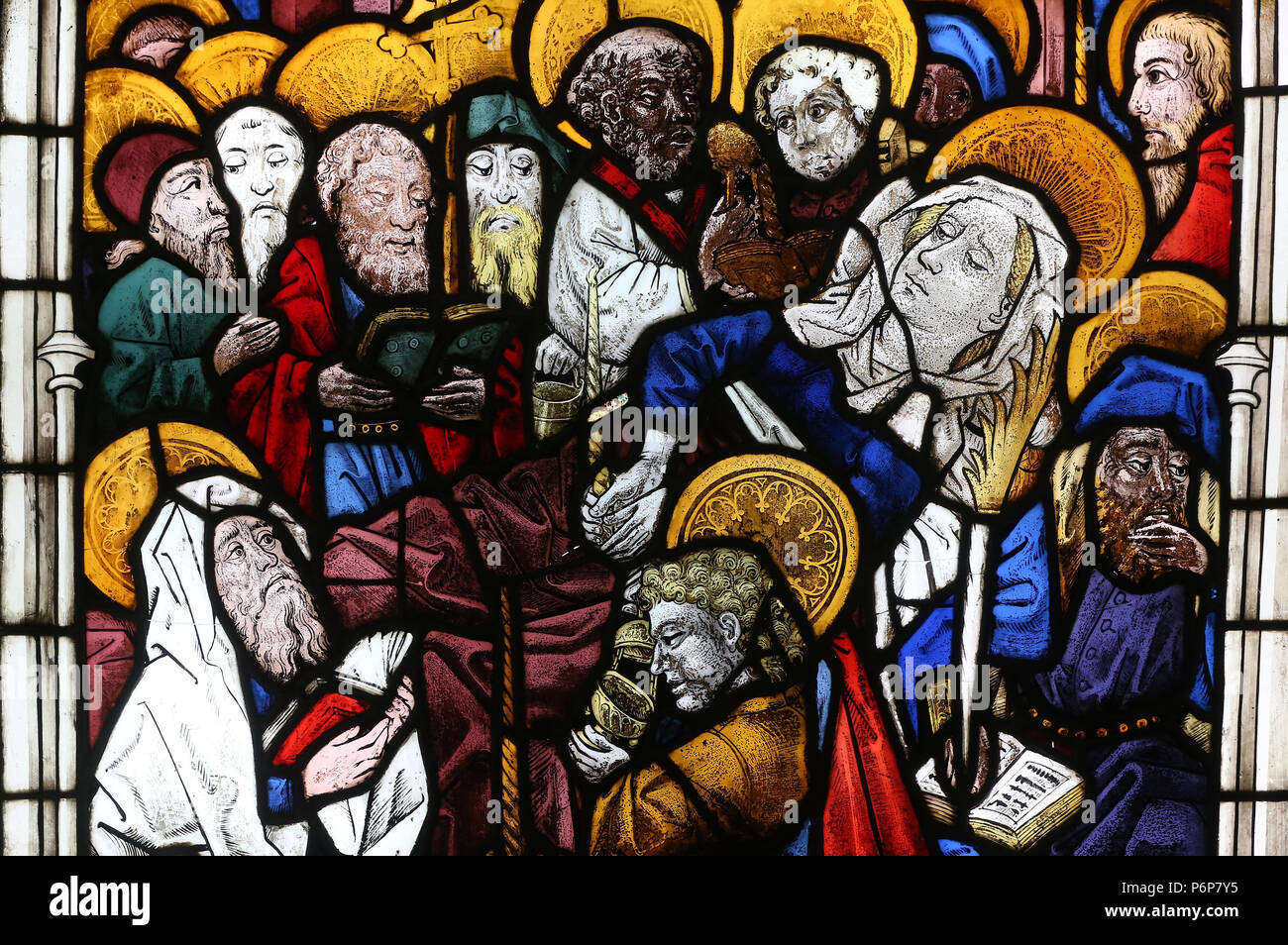The Museum of History. Stained glass window. The virgin with the 12 ...