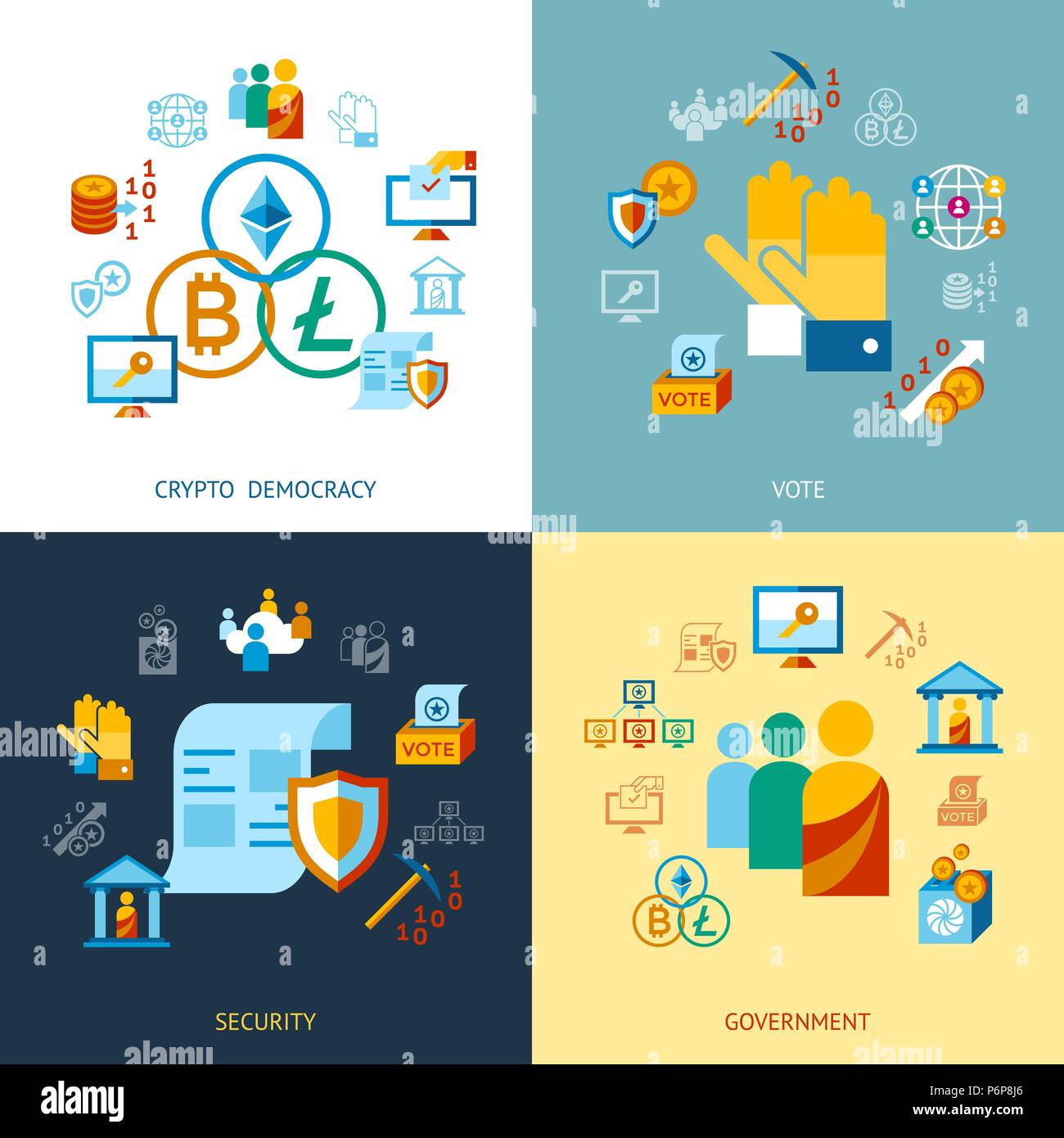 Digital vector crypto democracy and security icons set infographics ...