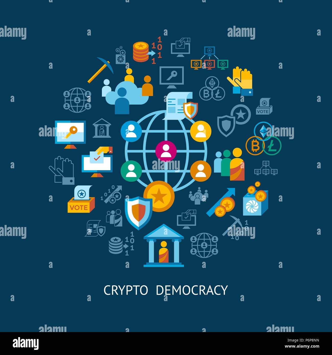 Digital vector crypto democracy and security icons set infographics ...