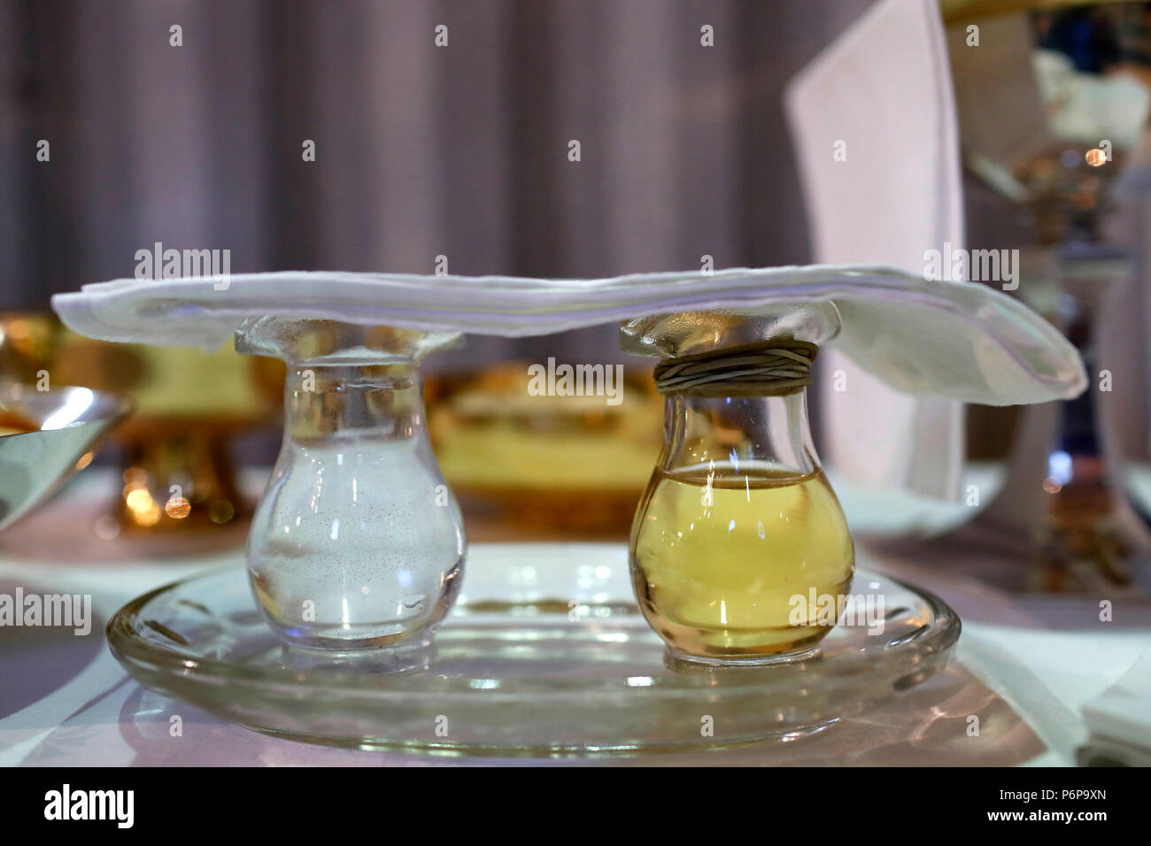 Saint-Jacques church. Catholic mass. Eucharist table with the ...