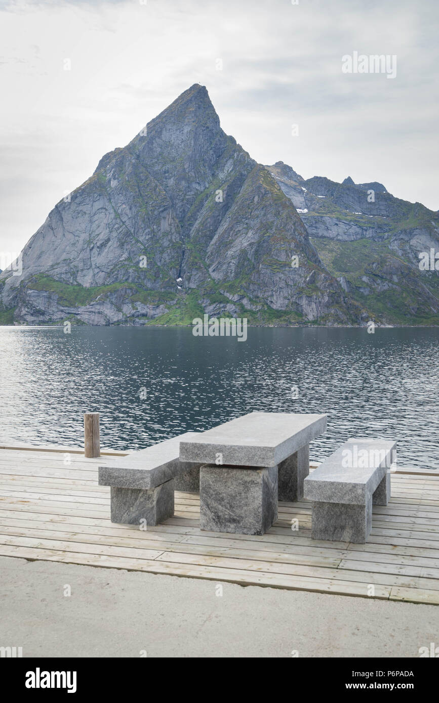 Table and benches in Reine, Nordland, Norway Stock Photo - Alamy