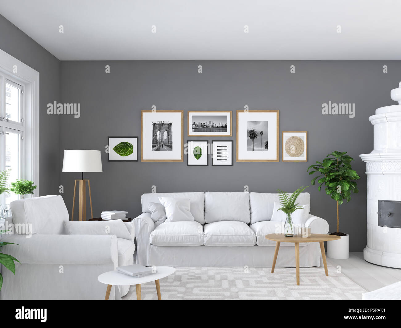 living room with picture frames and fireplace. 3d rendering Stock Photo ...
