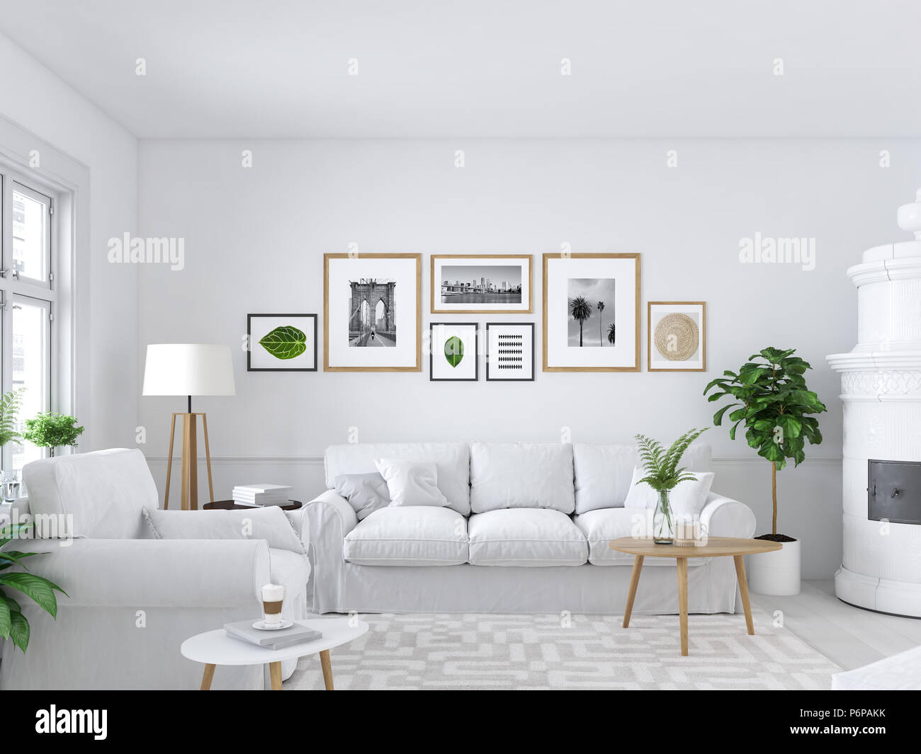 living room with picture frames and fireplace. 3d rendering Stock Photo ...