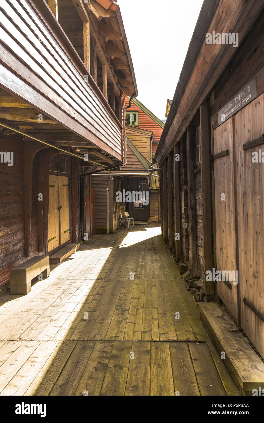 Old Hanseatic buildings of Bryggen in Bergen, Norway, inner view of a ...