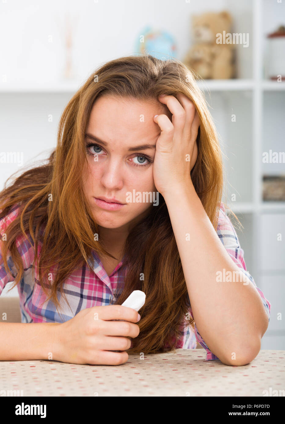 sad girl with chestnut hair and handkerchief crying Stock Photo - Alamy