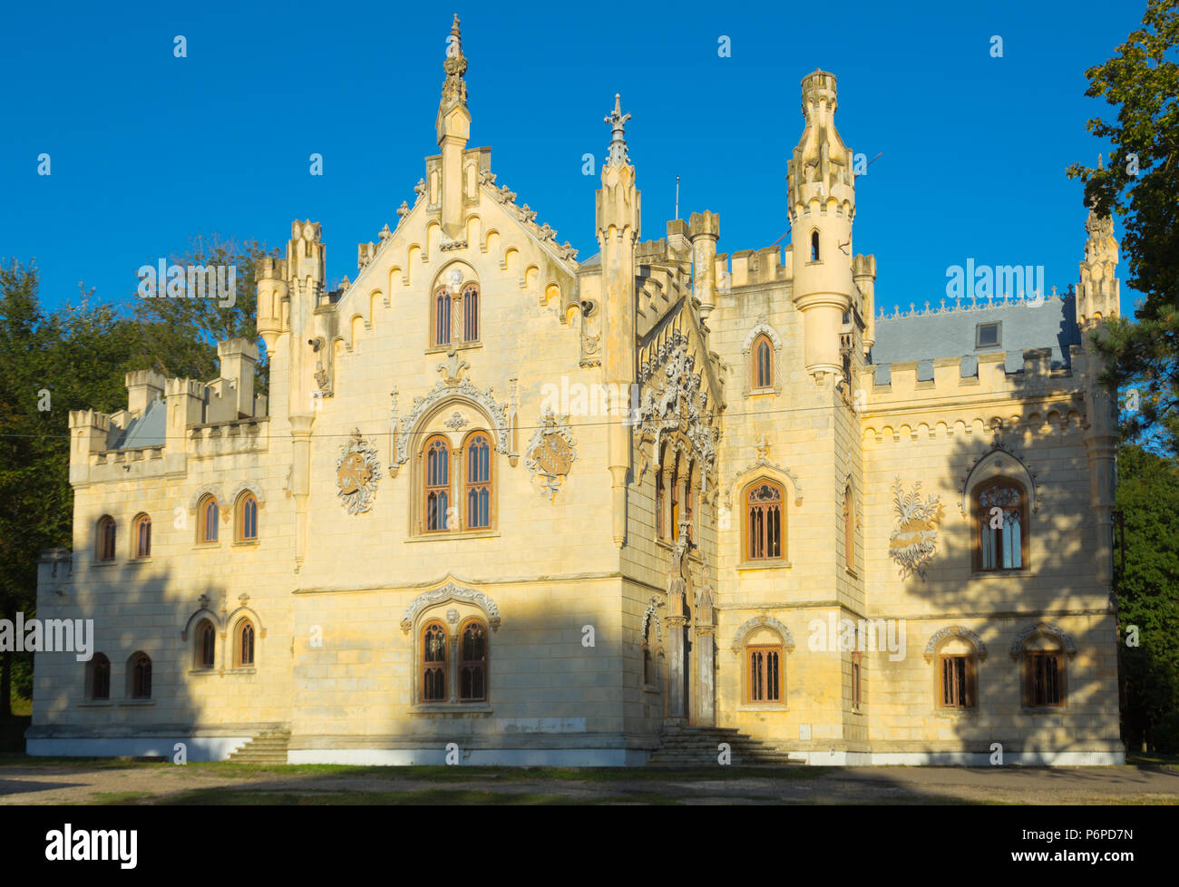 Landscape with neo-gothic Sturdza Castle in Miclauseni, Romania Stock ...