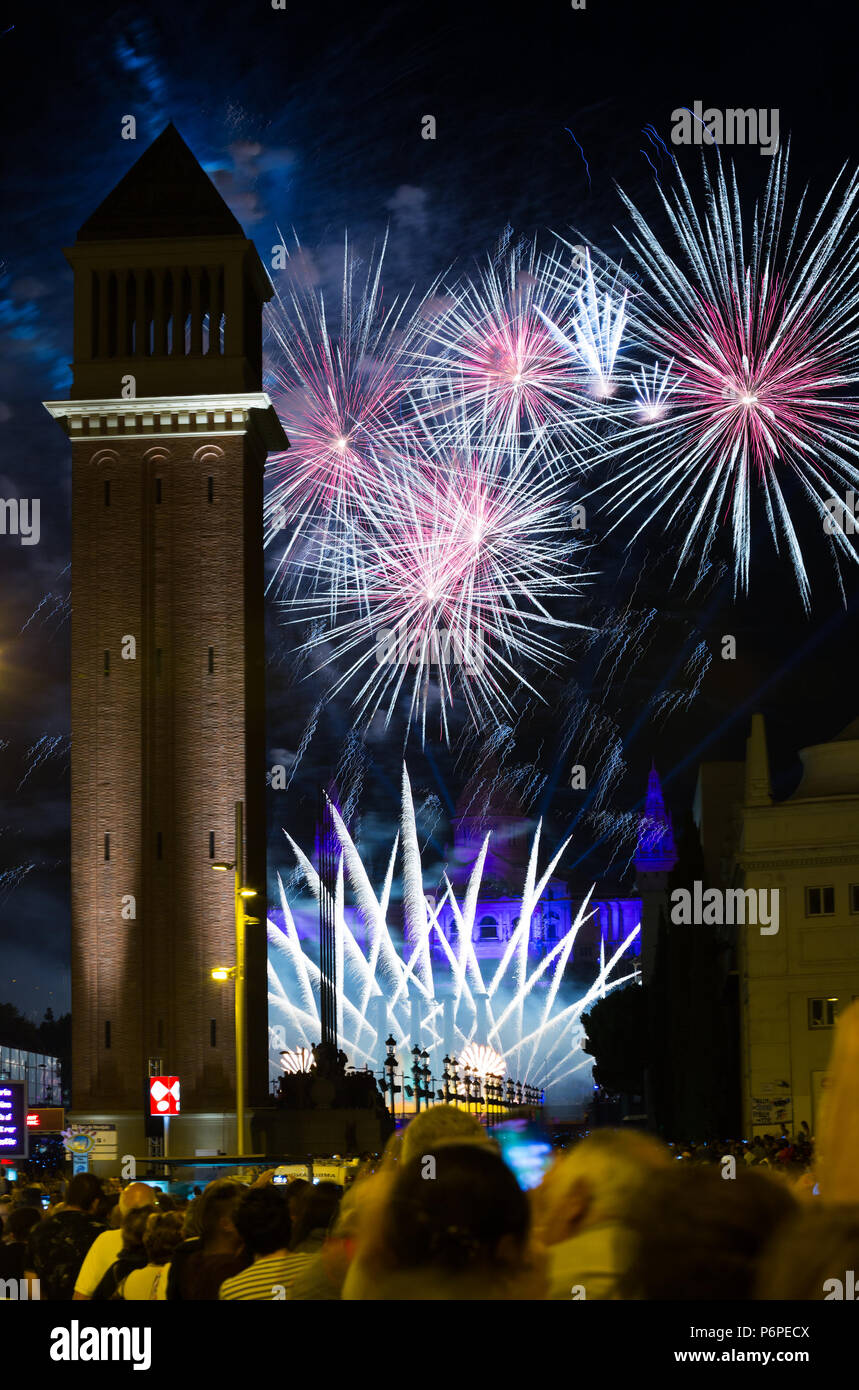 BARCELONA, SPAIN - SEPTEMBER 24, 2015: Firework show at square of Spain ...