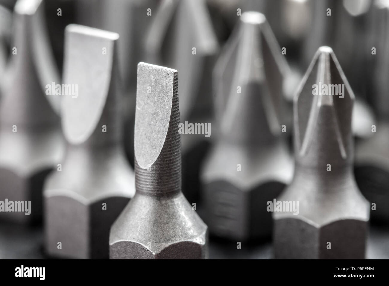 Set of bits for the screws. Selection of different shapes and bits for ...