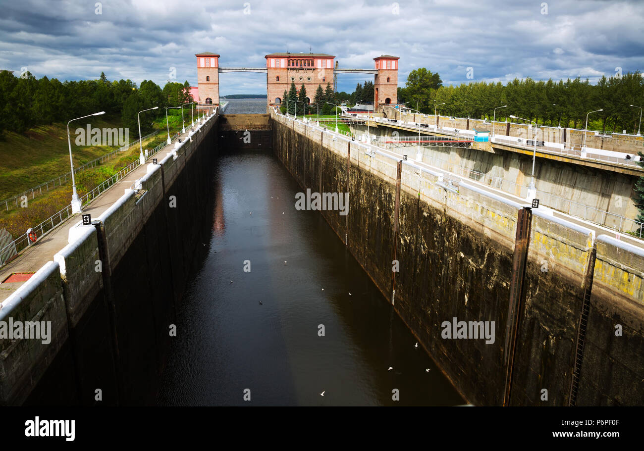 day shot of flood gate complex located on volga river in Rybinsk ...