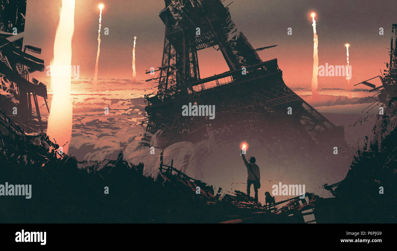 post-apocalyptic scenery showing a man and a dog standing on city ruins ...