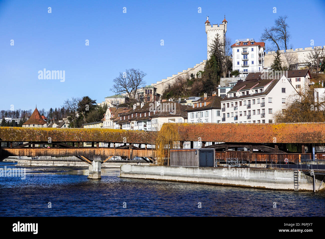Historical medieval Old Town of Lucerne on Lake Lucerne, Alps mountains ...