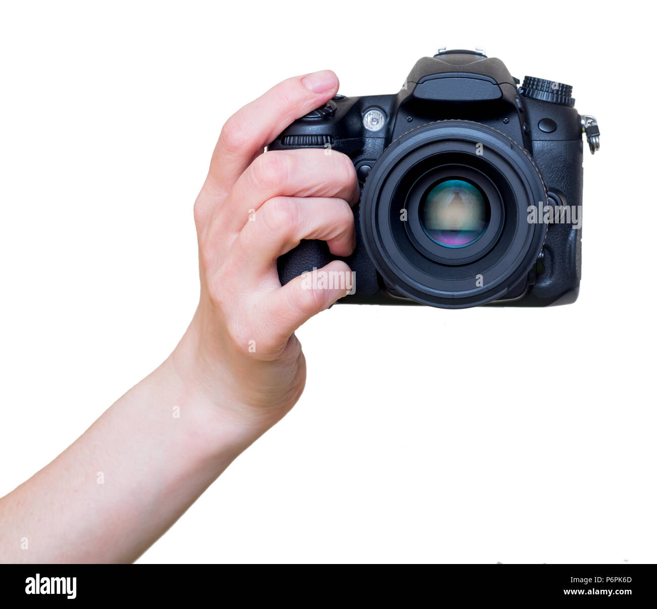 Female hand with modern DSLR camera with lens mounted. Photography ...