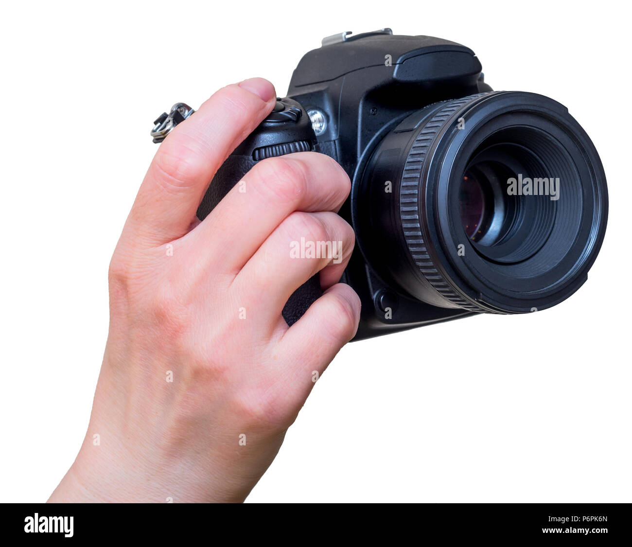 Female hand with modern DSLR camera with lens mounted. Photography ...
