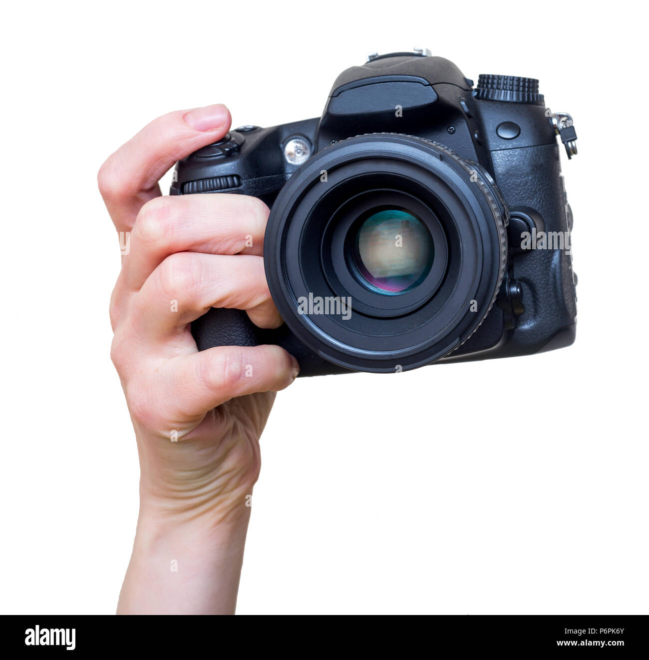 Female hand with modern DSLR camera with lens mounted. Photography ...