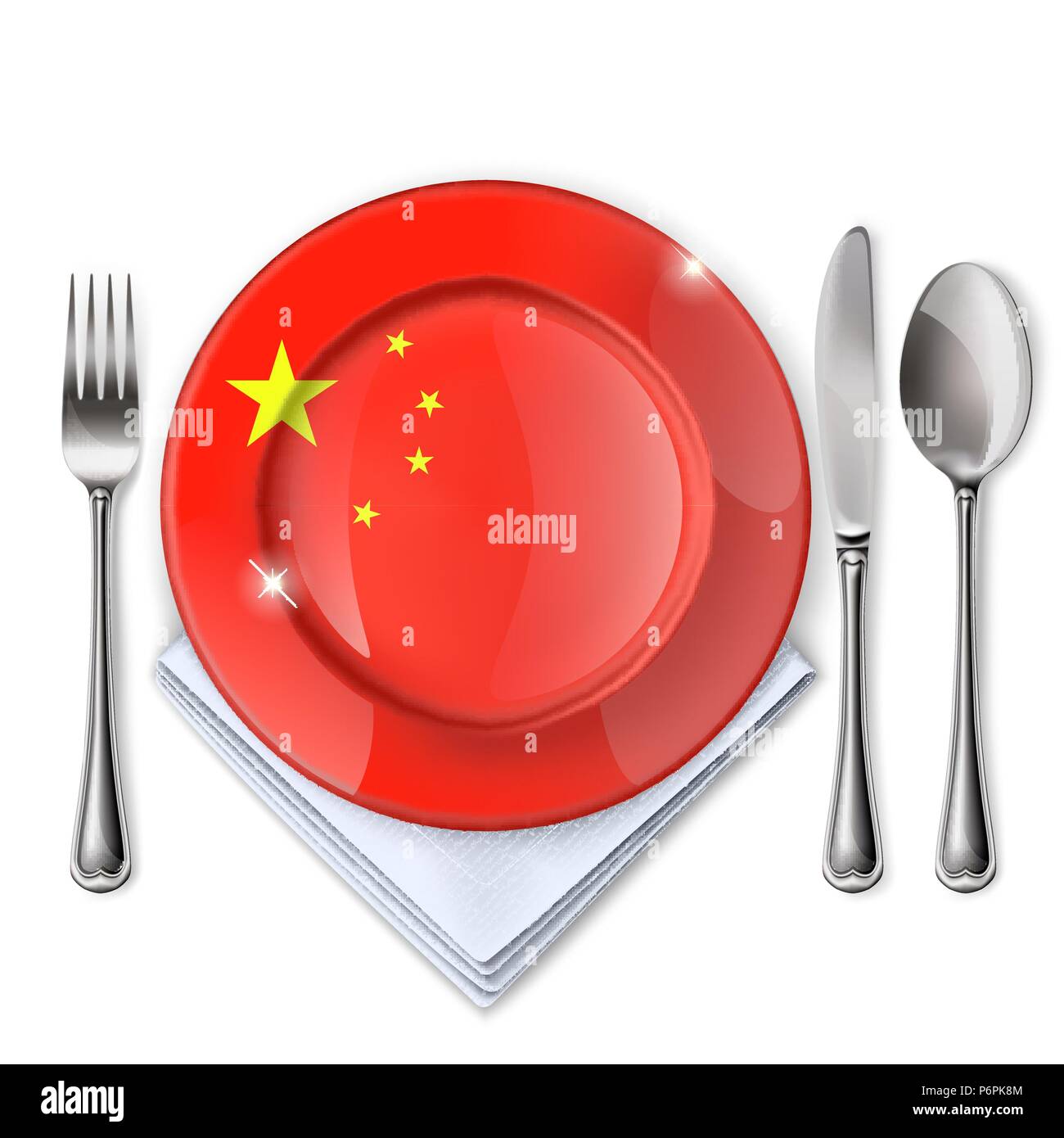A plate with an Chinese flag. Empty plate with spoon, knife and fork on ...