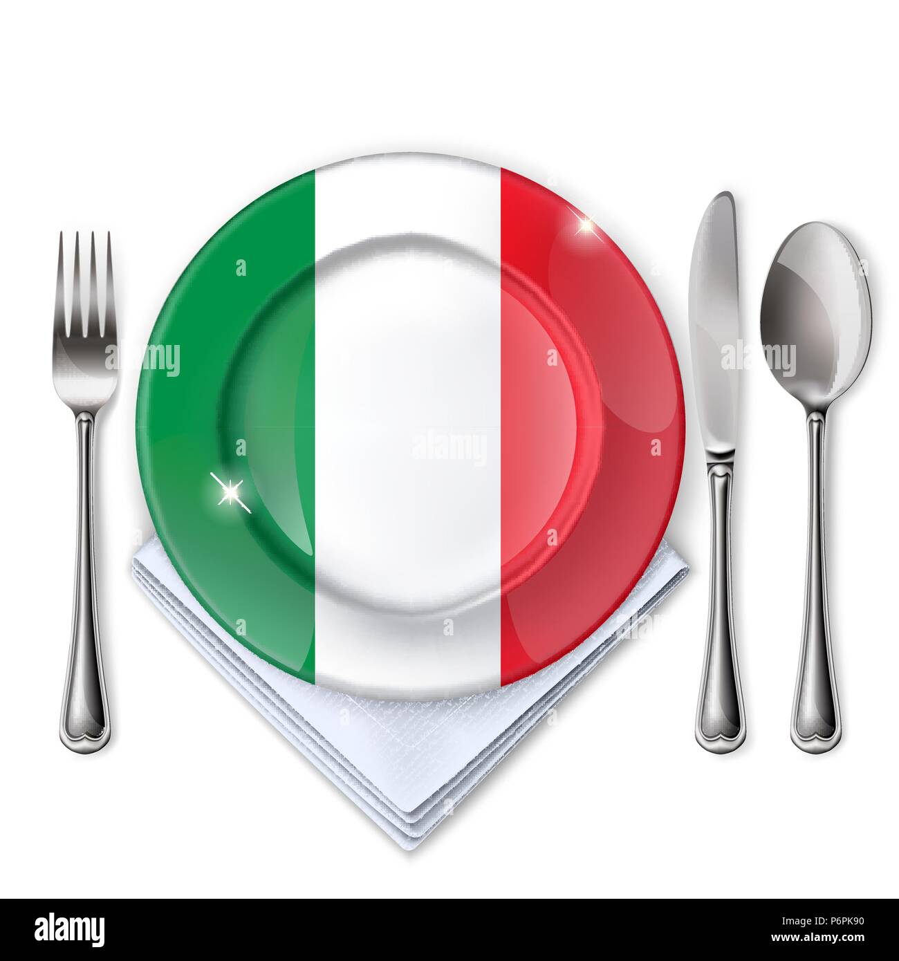 A plate with an Italian flag. Empty plate with spoon, knife and fork on ...