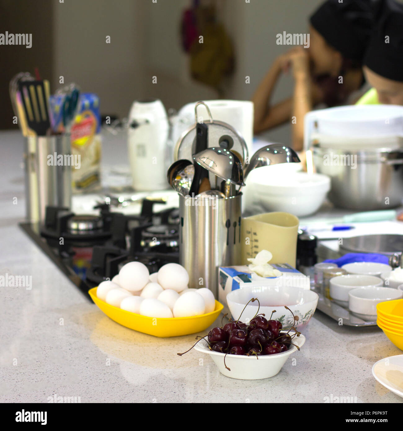 Cooking school. Ingredients and cooking utensils oт table. Children ...