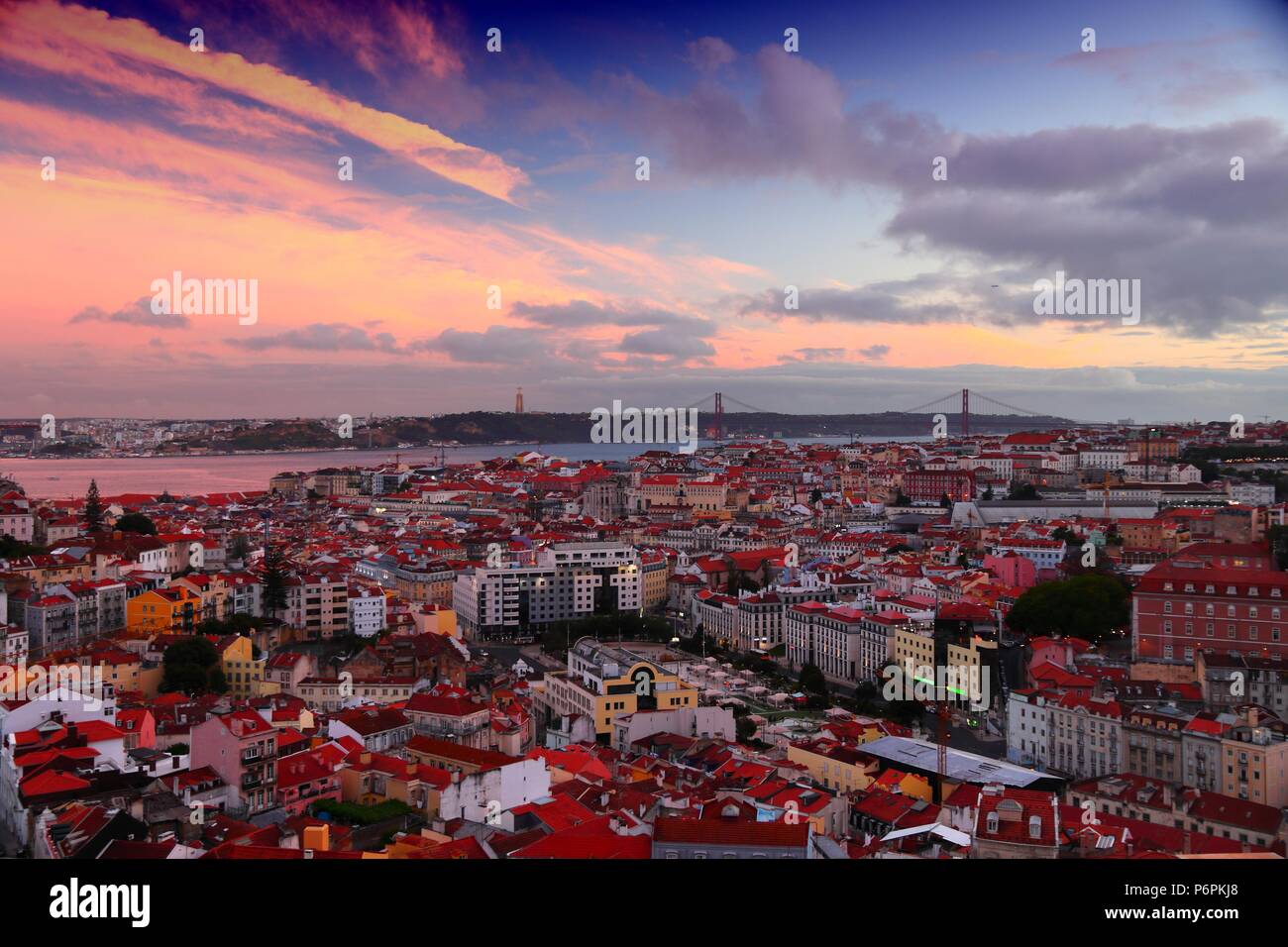 Lisbon cityscape in Portugal. Sunset city view from a miradouro ...