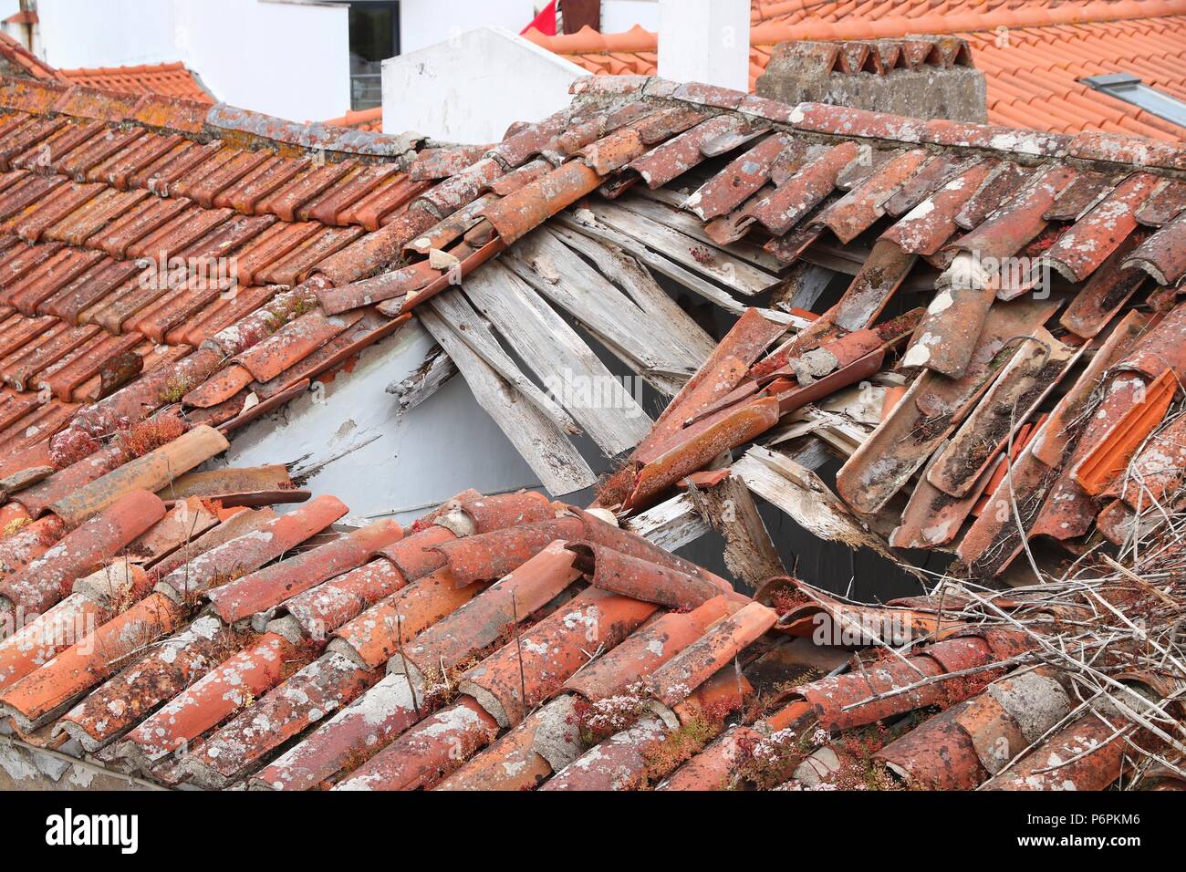 Collapsed roof in a house in Alcobaca, Portugal Stock Photo - Alamy