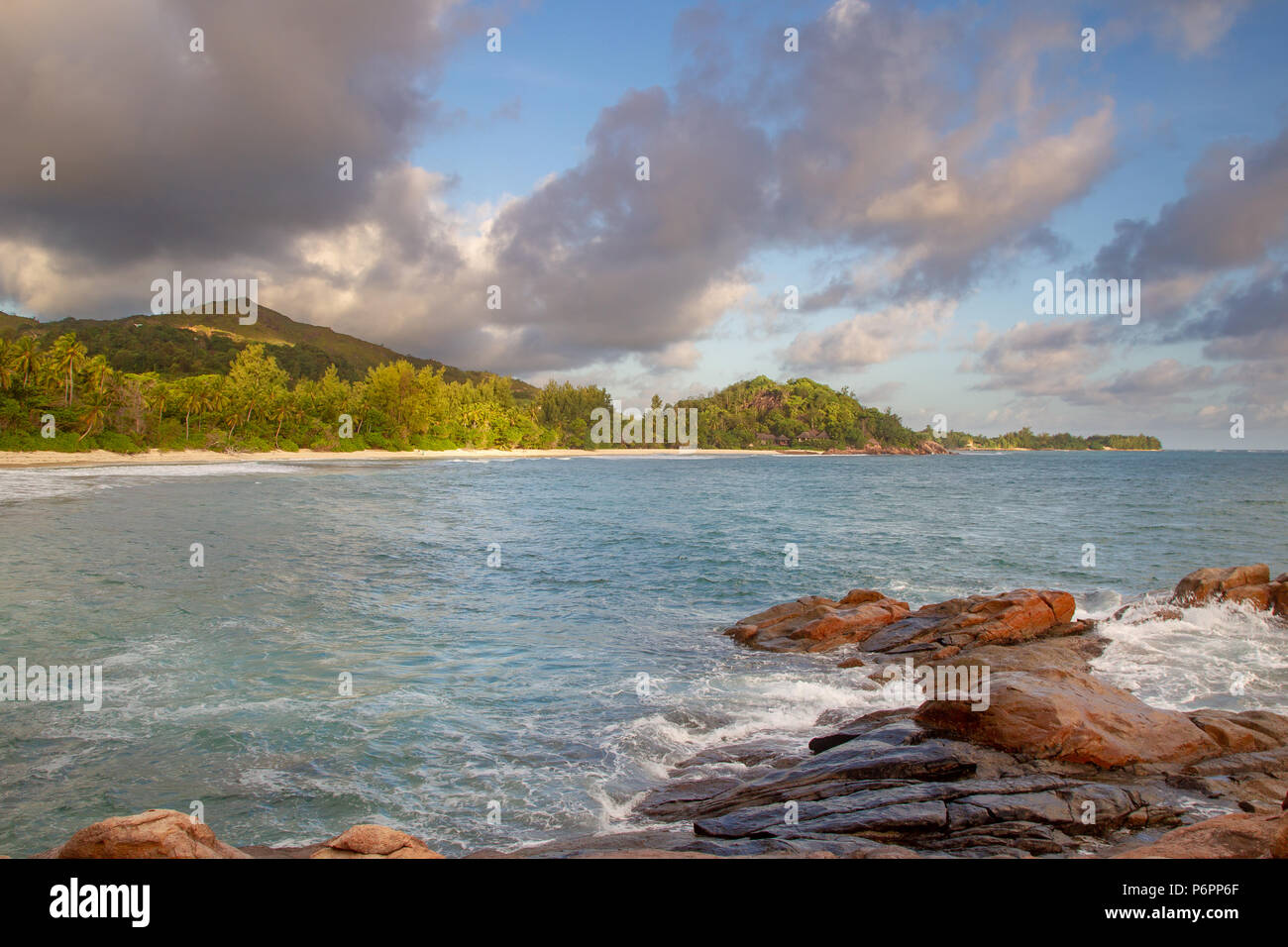 Panorama of a tropical beach on Praslin, Seychelles in the Indian Ocean ...