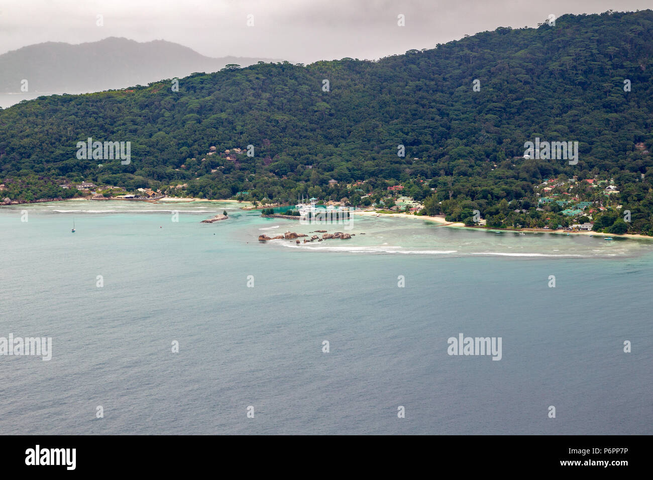 Aerial view of the marina of La Digue, Seychelles in the Indian Ocean ...