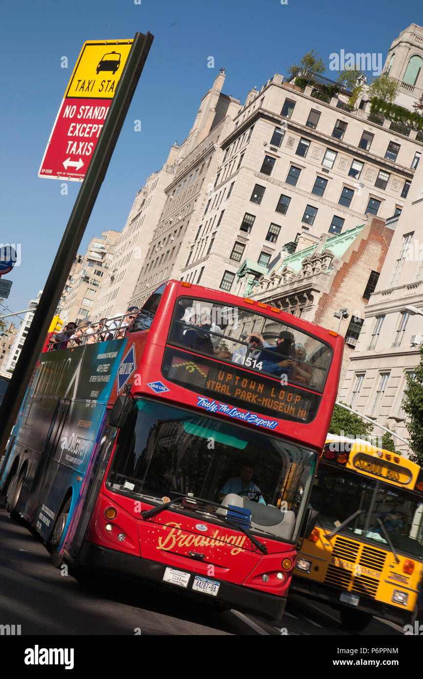Red Double Decker Tour Bus at a Bus Stop, manhattan, NYC, USA Stock ...