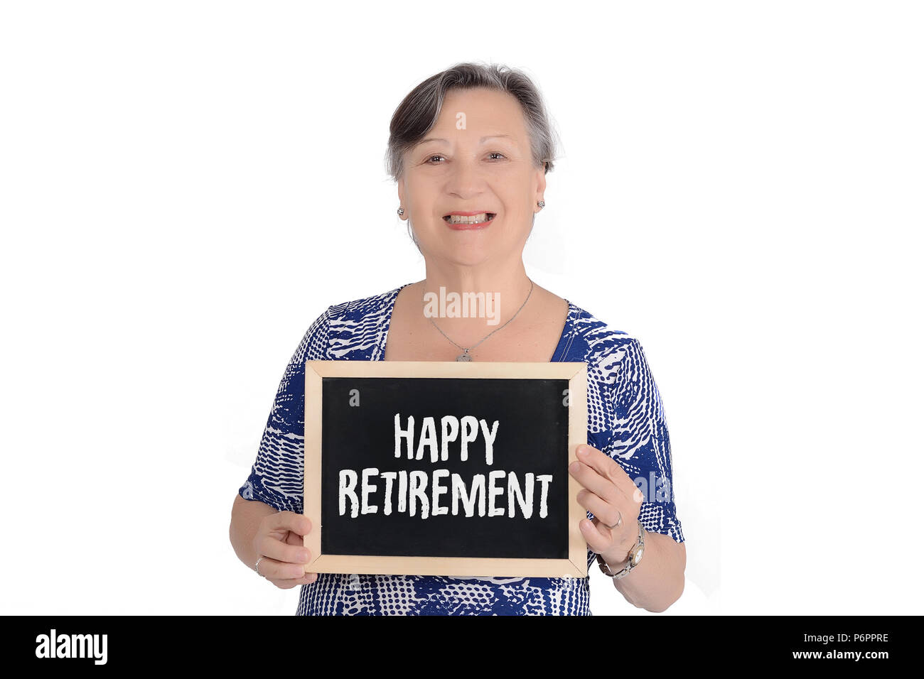 Elderly woman holding chalkboard with text "happy retirement" in her ...