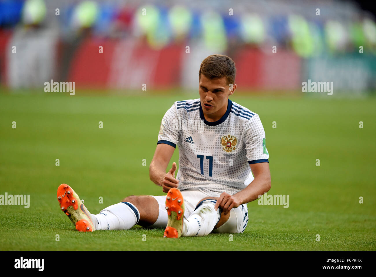 Samara, Russia - June 25, 2018. Russian midfielder Roman Zobnin sitting ...