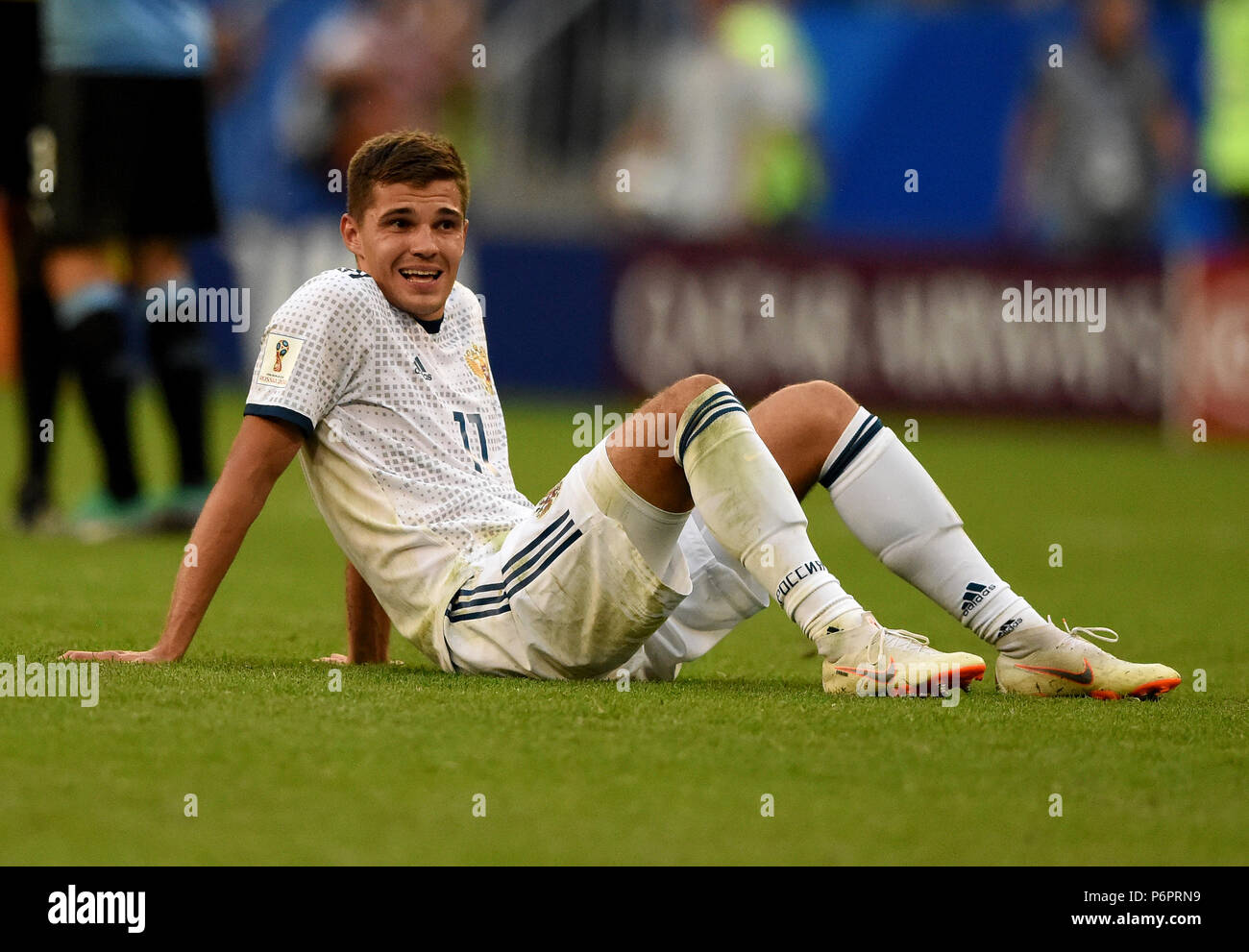 Samara, Russia - June 25, 2018. Russian midfielder Roman Zobnin sitting ...