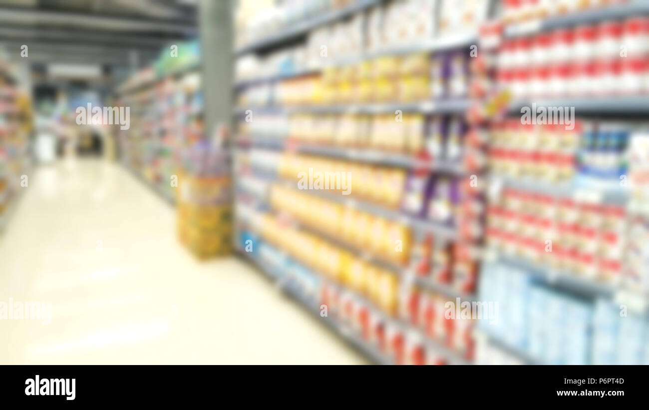 Abstract blur of aisle in supermarket with customers and department ...
