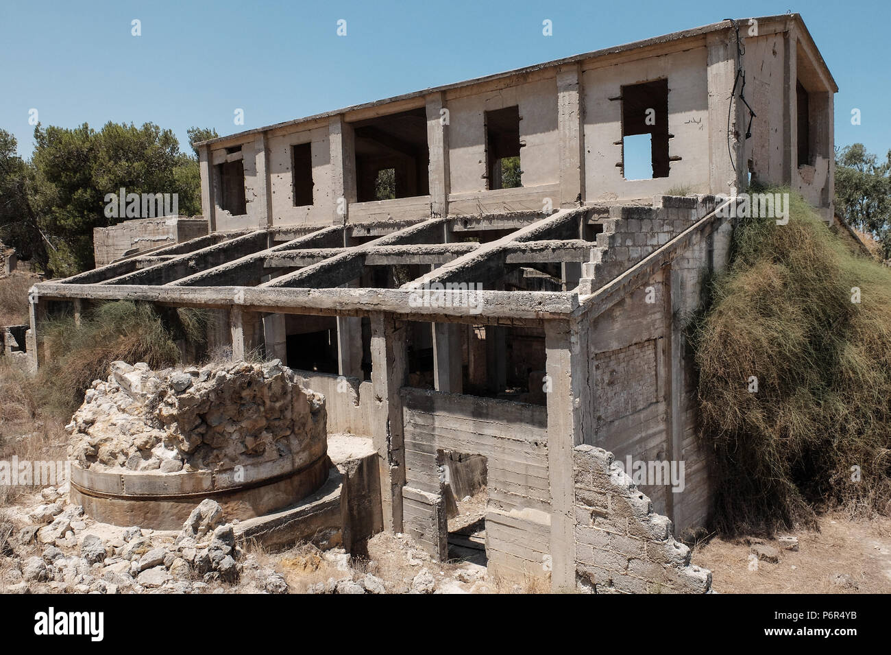 Kibbutz Beeri, Israel. 2nd July, 2018. The remains of a sulfur ...