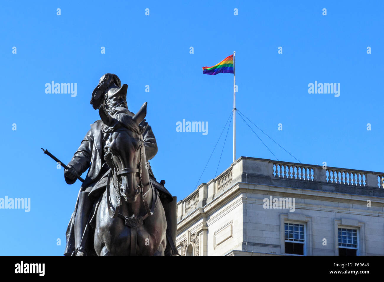 Westminster, London, UK, 2nd July 2018. The Pride flag on to of 55 ...