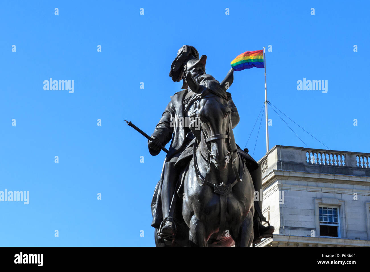 Westminster, London, UK, 2nd July 2018. The Pride flag on to of 55 ...