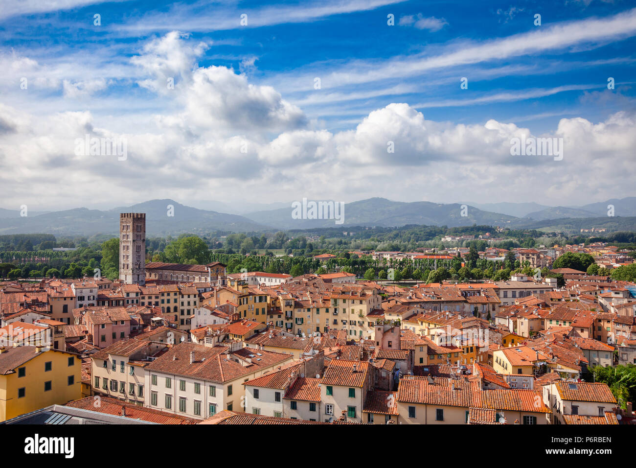 Aerial view of Lucca old town with mediterranean terracotta roof ...