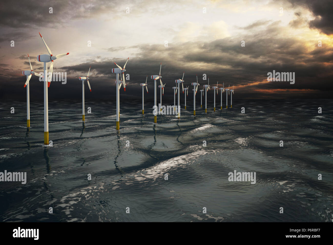 Wind turbines generating electricity on the ocean. Eco power, storm ...