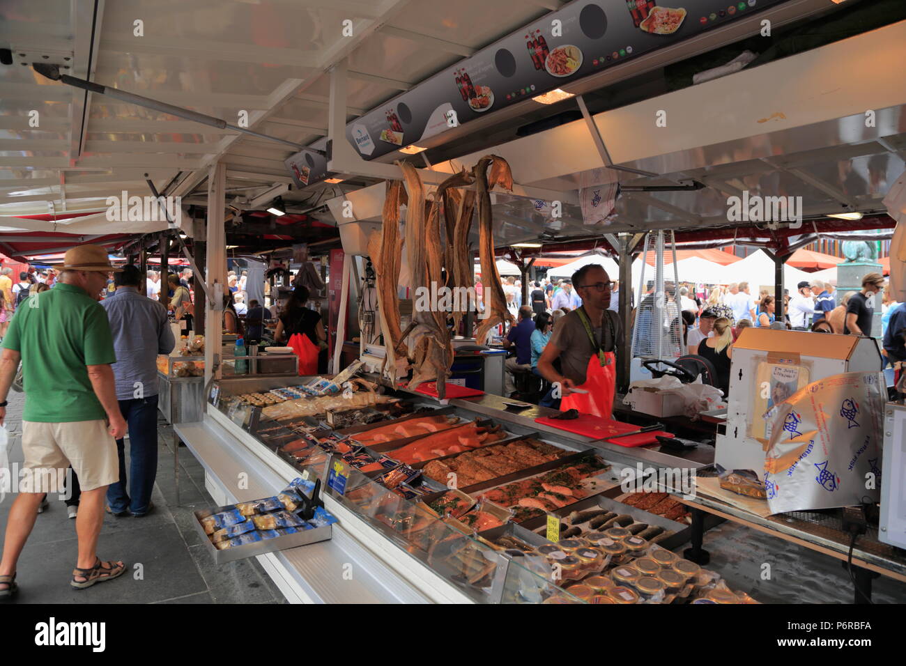 A stall sells fish and seafood products at the Fish Market (Fisketorget ...
