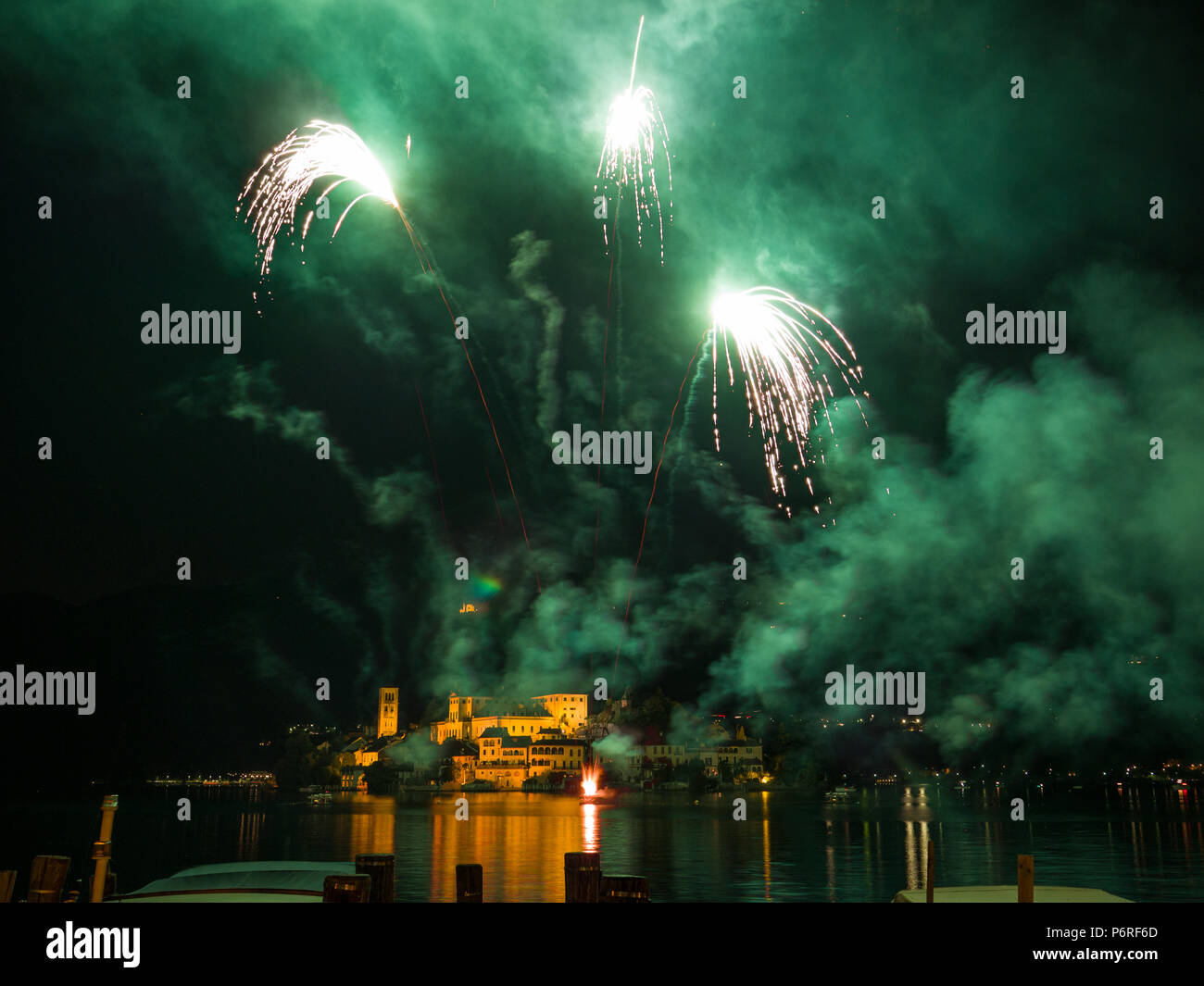 amazing fireworks display on the Orta Lake island. Piedmont,Italy Stock ...