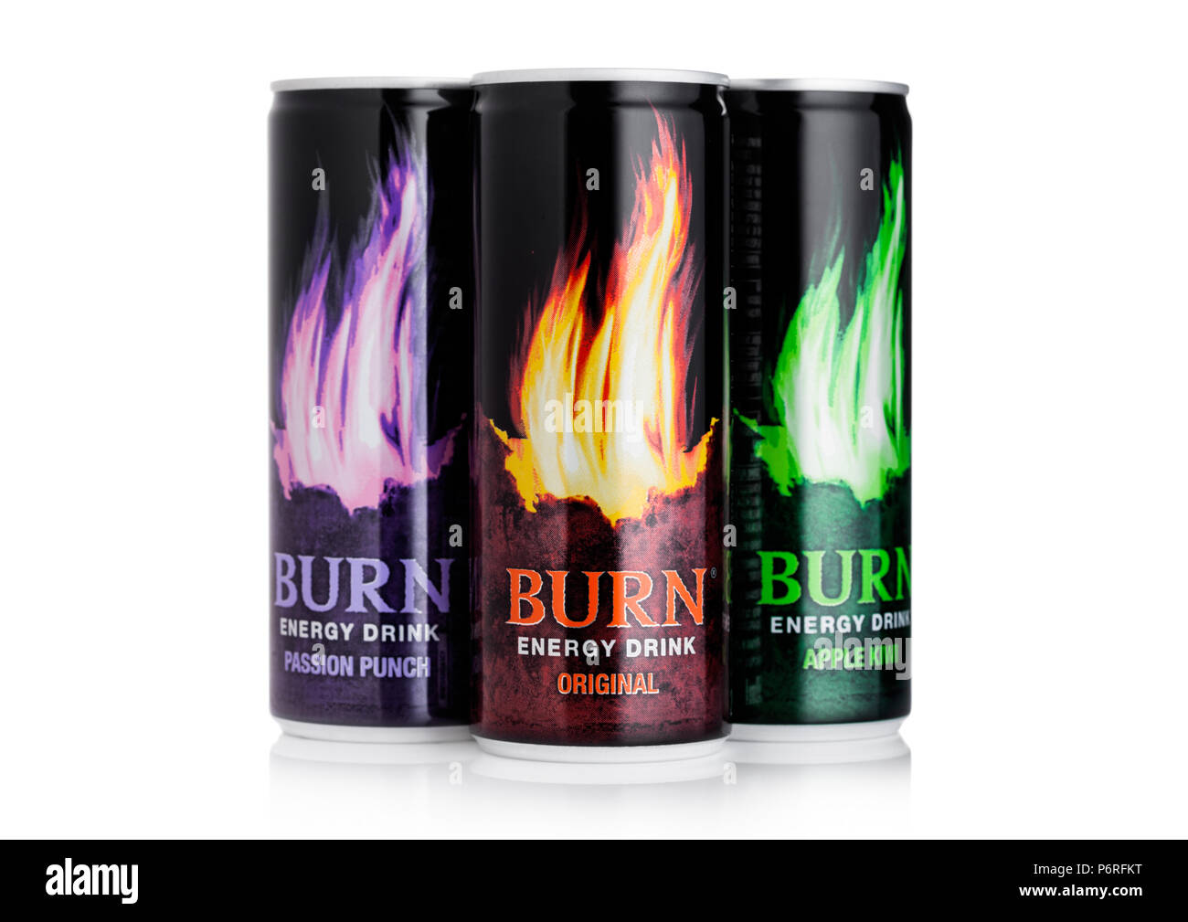 LONDON, UK - JUNE 30, 2018: aluminium tins of Burn Energy Drink ...
