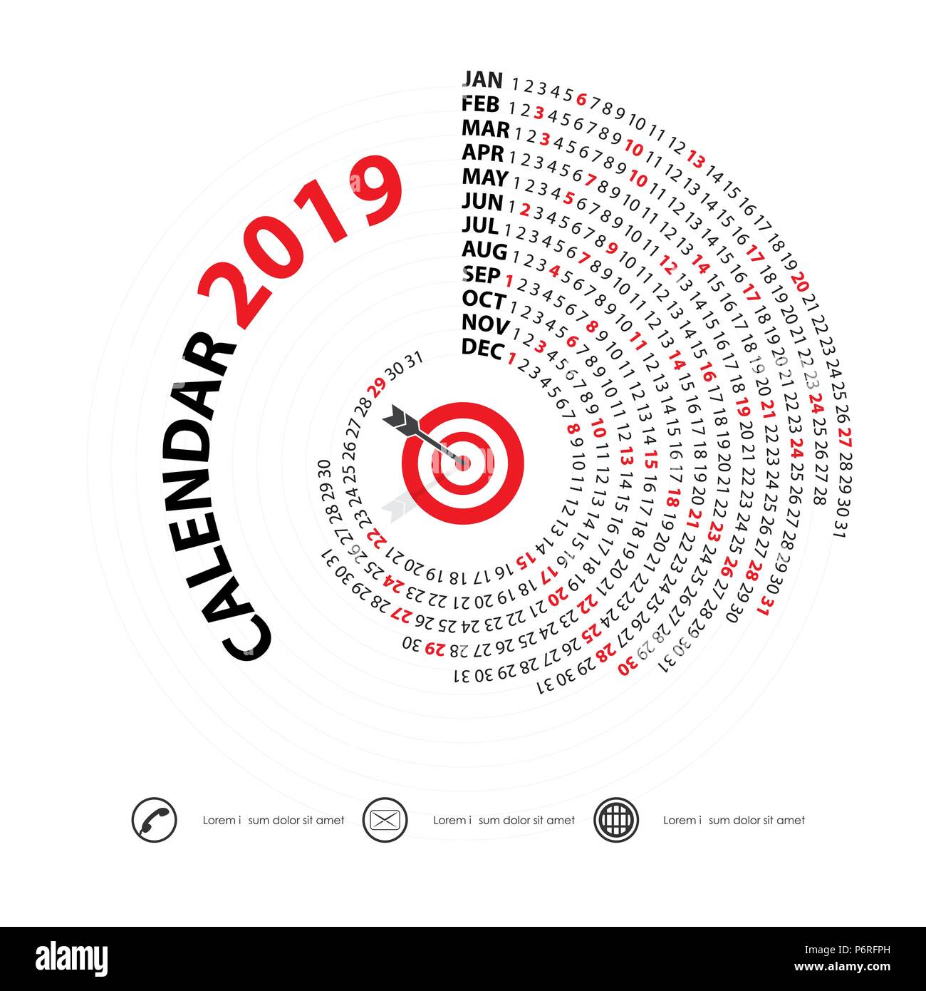 2019 Calendar Template.Spiral calendar.Calendar 2019 Set of 12 Months ...