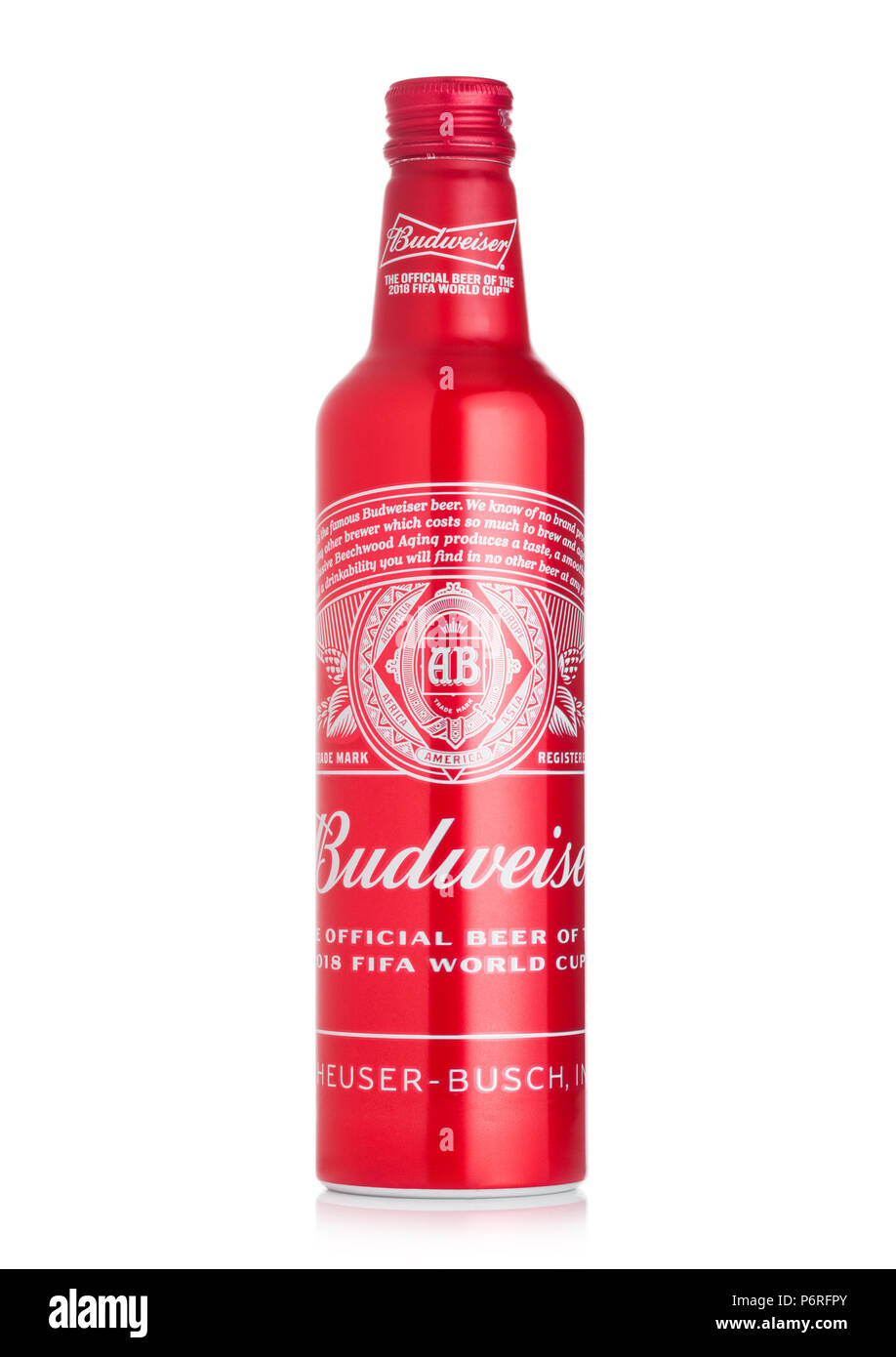 LONDON,UK - JUNE 30, 2018 : Steel Bottle of Budweiser Beer on white, an ...